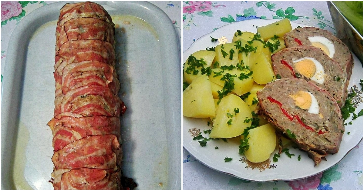 Plněná sekaná s vejci, kapií a anglickou slaninou - VařímeDobroty.cz